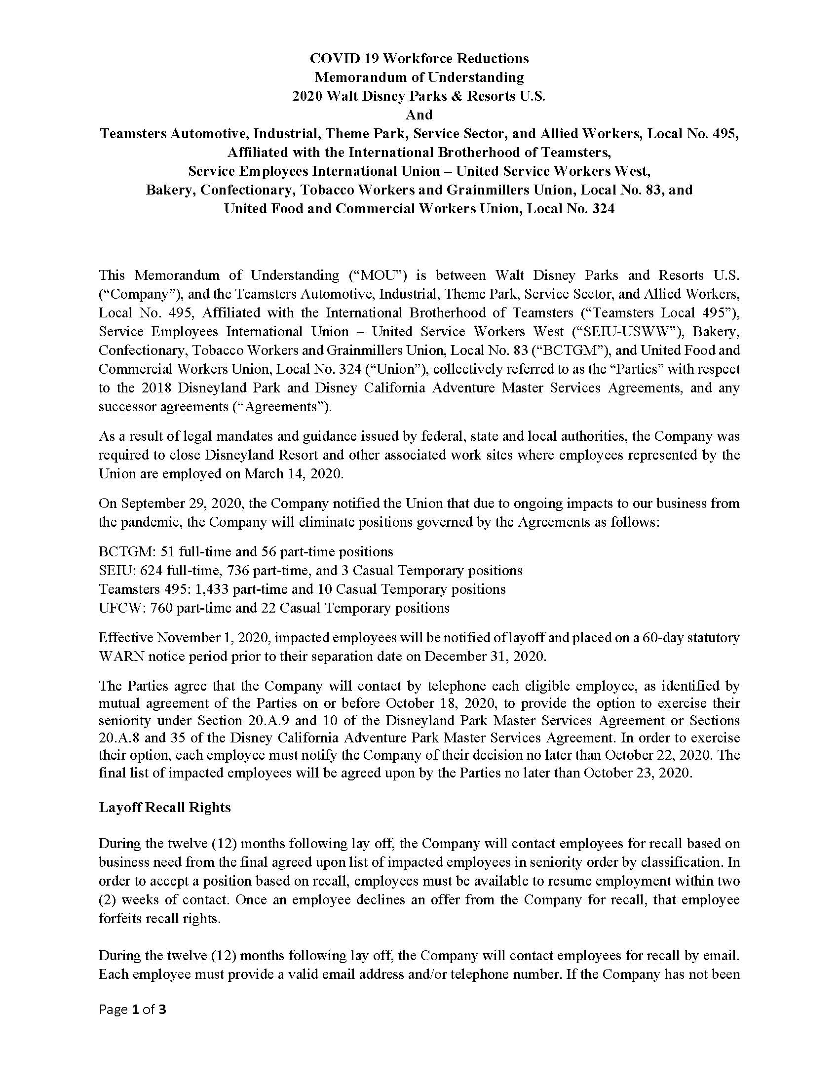 Disney memorandum of understanding - SEIU-USWW